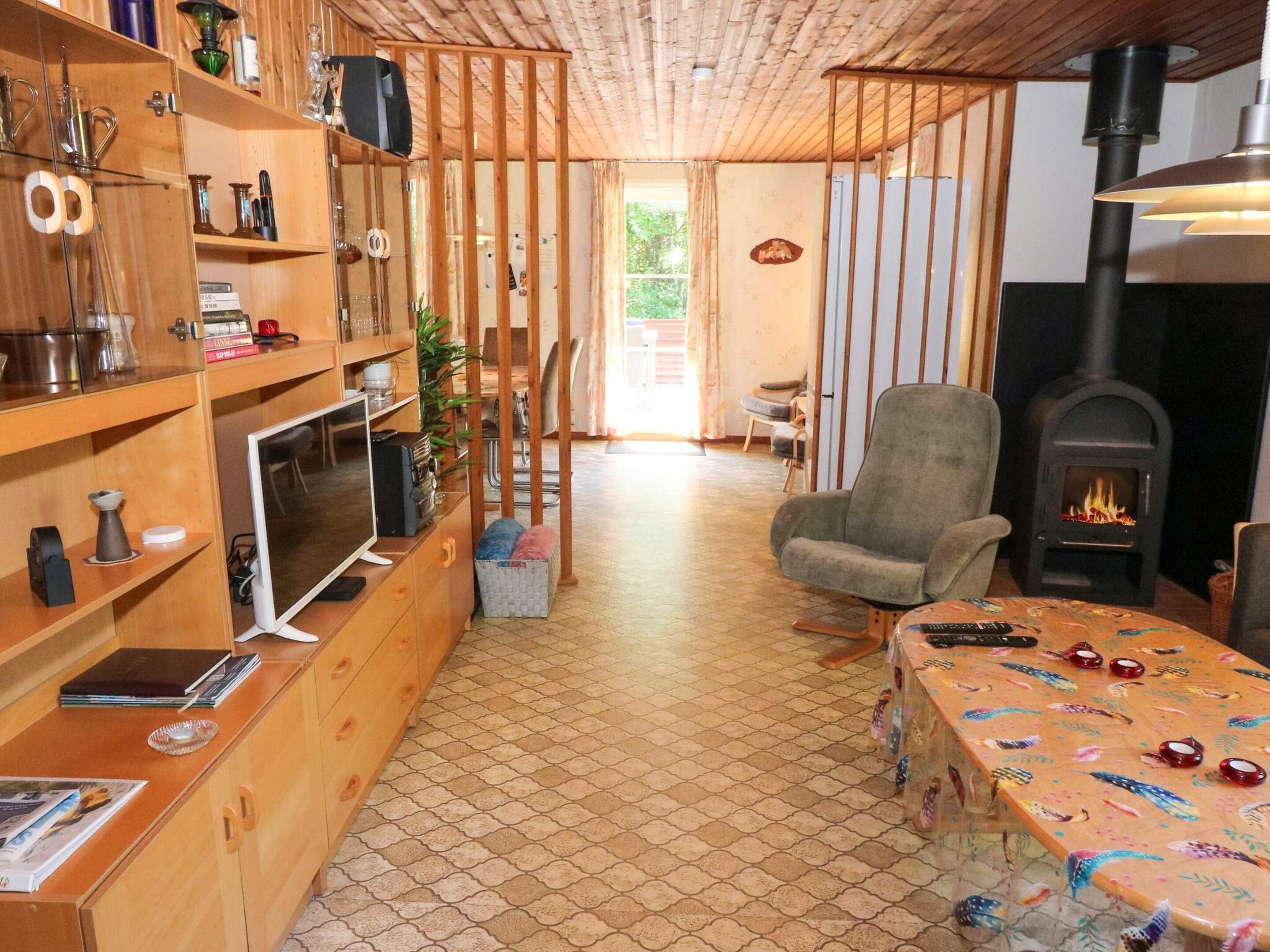 Uma sala de estar acolhedora com lareira, móveis de madeira e uma televisão.