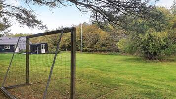 Um gol de futebol em um campo gramado, com árvores e um edifício ao fundo.
