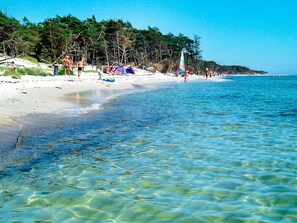 A beach with clear water, sandy shore, and tents set up.