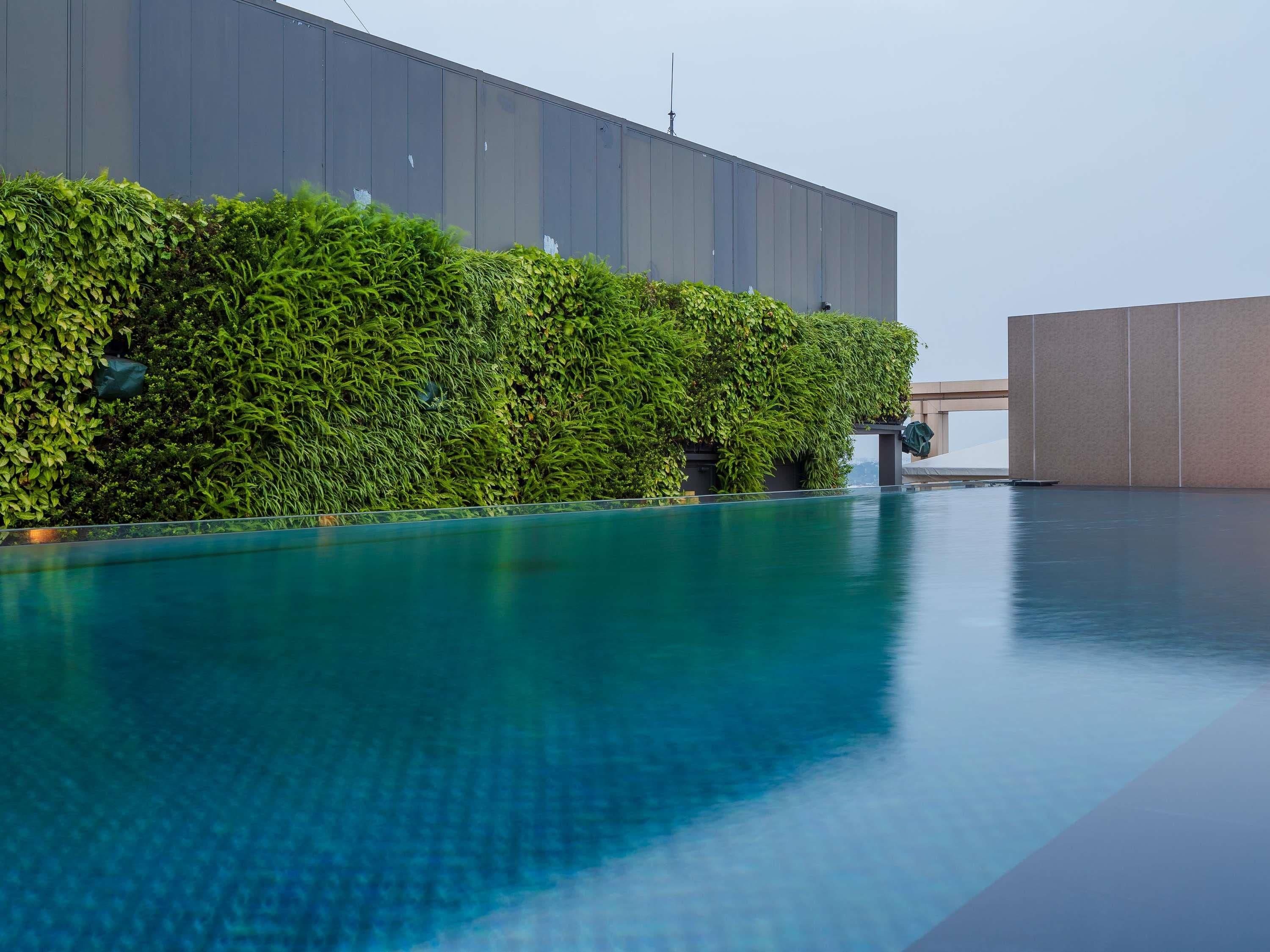 Piscina com superfície de água azul límpida, rodeada por um sebe baixo e um edifício moderno com fachada plana.
