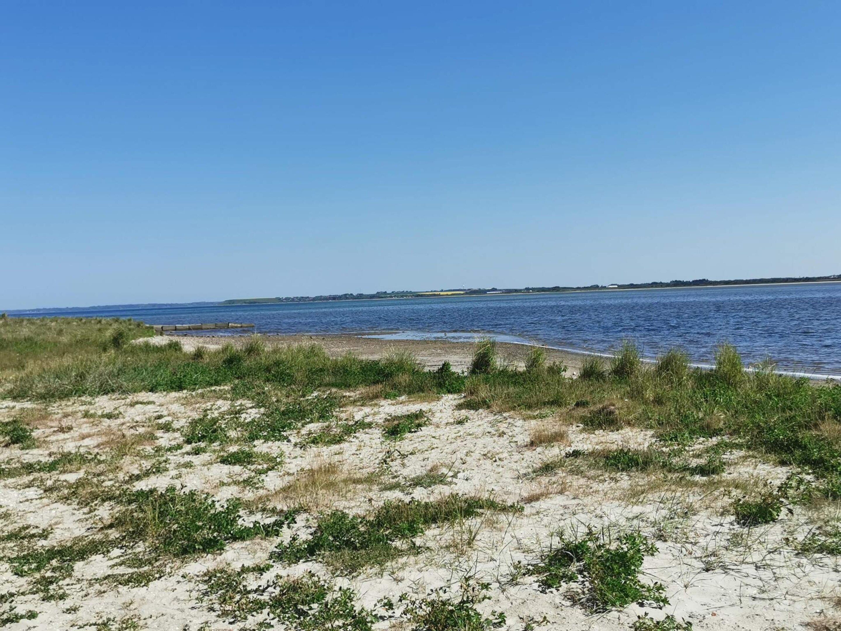 Uma praia com areia, vegetação rala, céu claro e mar calmo.
