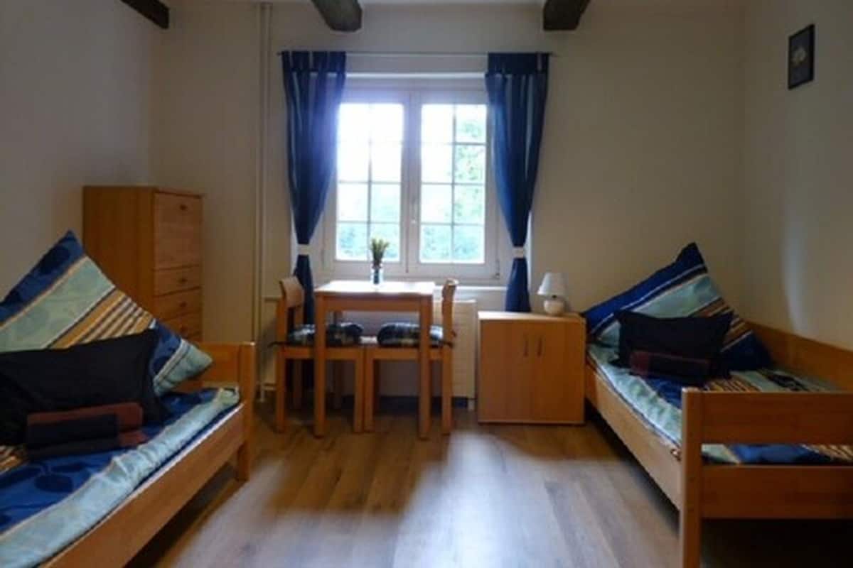 Quarto Duplo, 2 camas individuais, casa de banho partilhada (Hauptgebäude, Zimmer Nr. 3) | Ferro/tábua de engomar, Wi-fi grátis, roupa de cama fornecida 