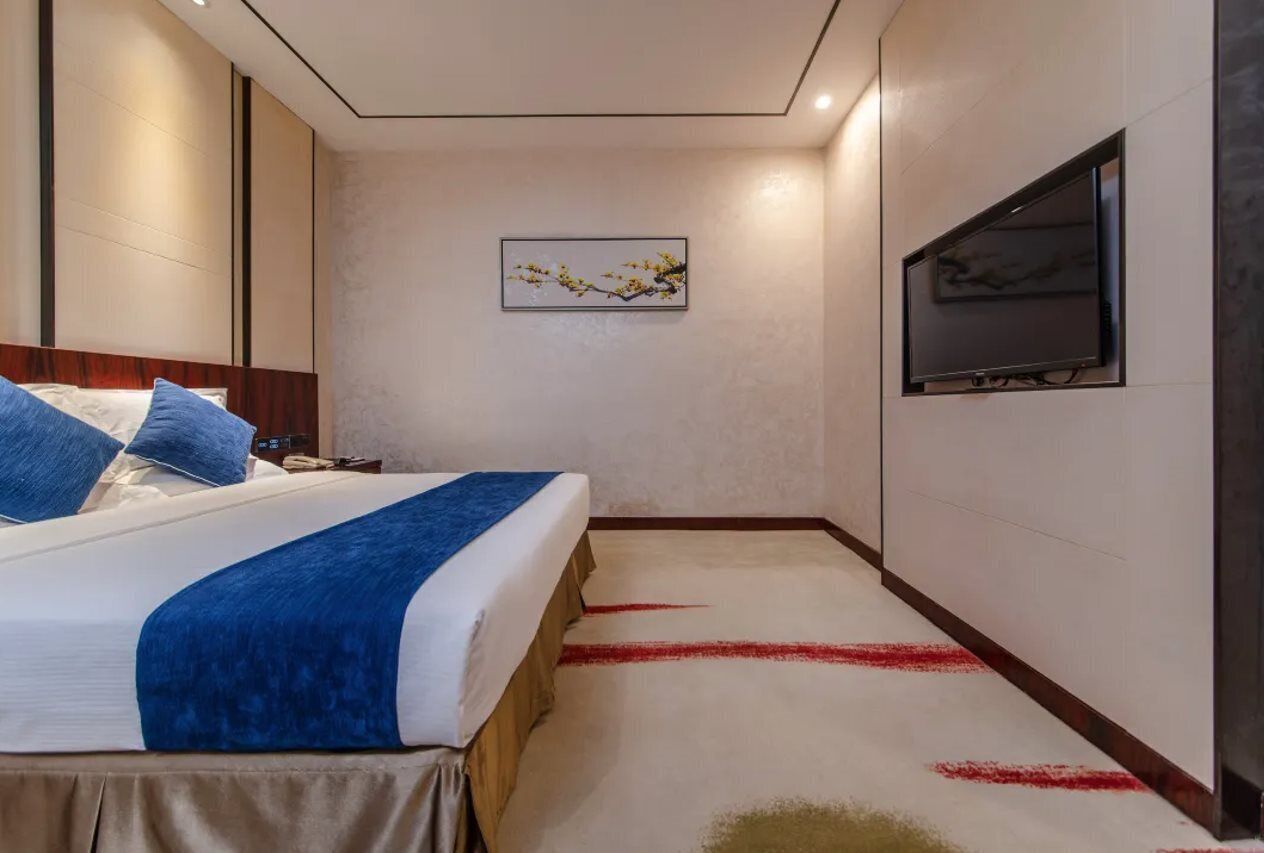 Quarto de hotel com uma cama, televisão de tela plana na parede e um objeto decorativo na parede.