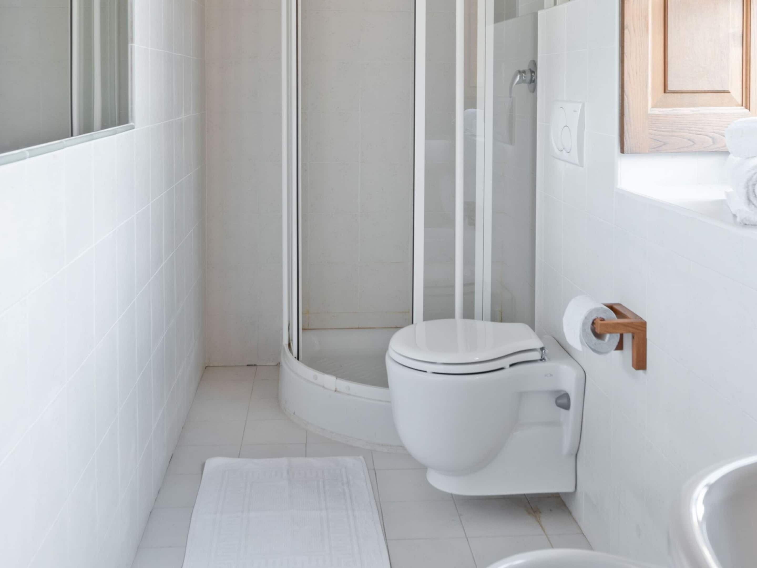 Uma casa de banho moderna com sanita, chuveiro e lavatório.