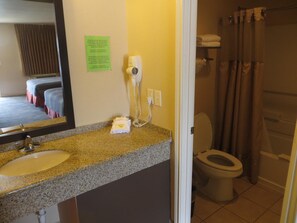 Casa de banho com lavatório, secador de cabelo, sanita e cortina de chuveiro.