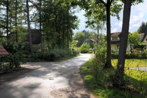 Um caminho de paralelepípedos que leva a uma área residencial com casas e árvores.