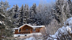 Uma cabana de madeira com varanda, rodeada por árvores cobertas de neve e um céu claro.