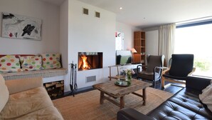 Uma sala de estar moderna com lareira, um sofá, uma mesa de centro e uma TV.