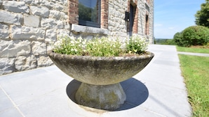 Um vaso de pedra com flores brancas em frente a um edifício de pedra com janelas.