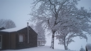 Uma cabana de madeira coberta por neve com chaminé, rodeada por árvores e um quintal também coberto de neve.