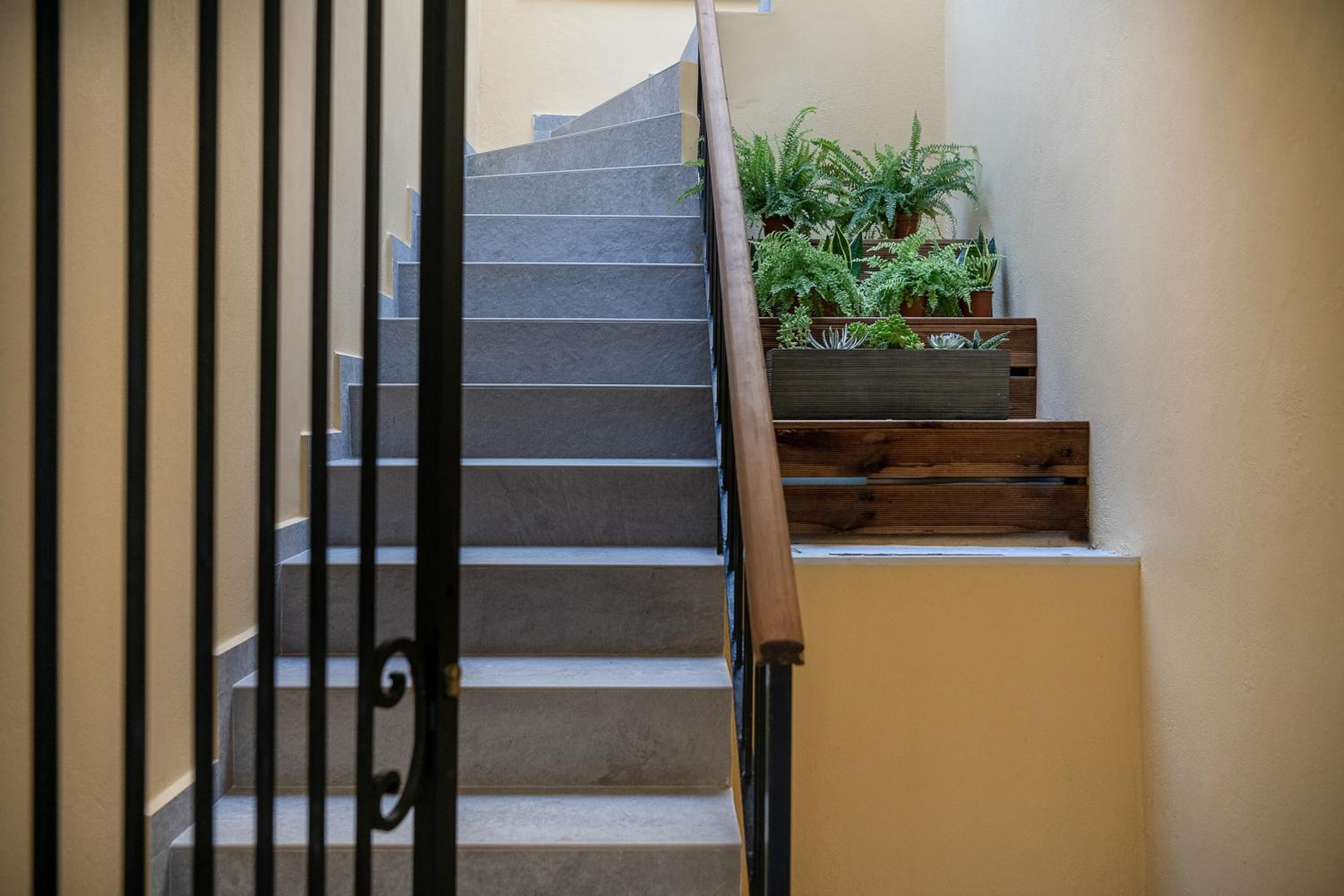 Escadaria com corrimão de madeira e grades de metal preto, que leva a um patamar com plantas em vasos.