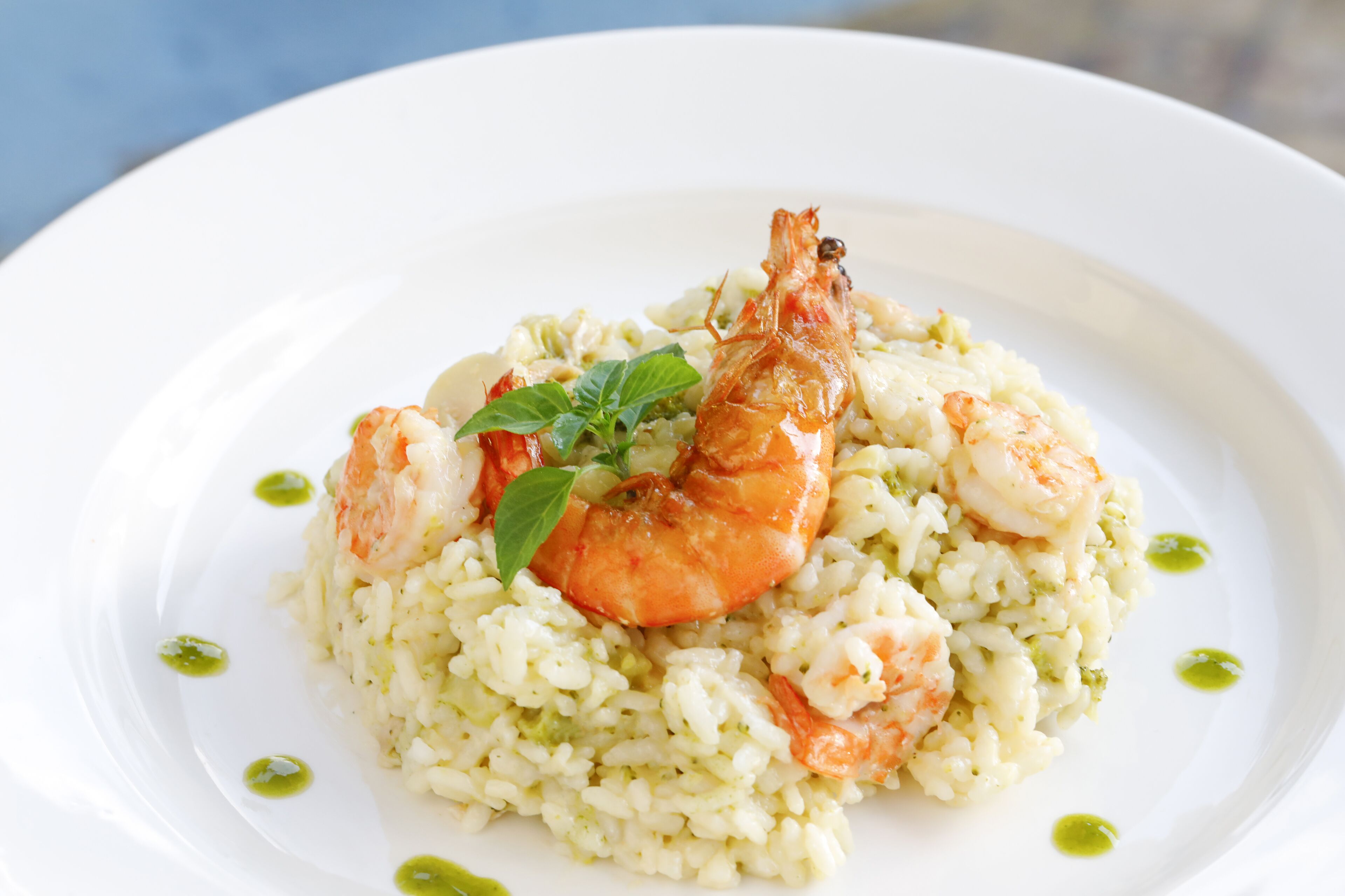 Prato de camarão com arroz, decorado com uma folha de manjericão e molho verde.