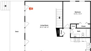 Planta baixa mostrando um quarto, sala de estar, deck e varanda.