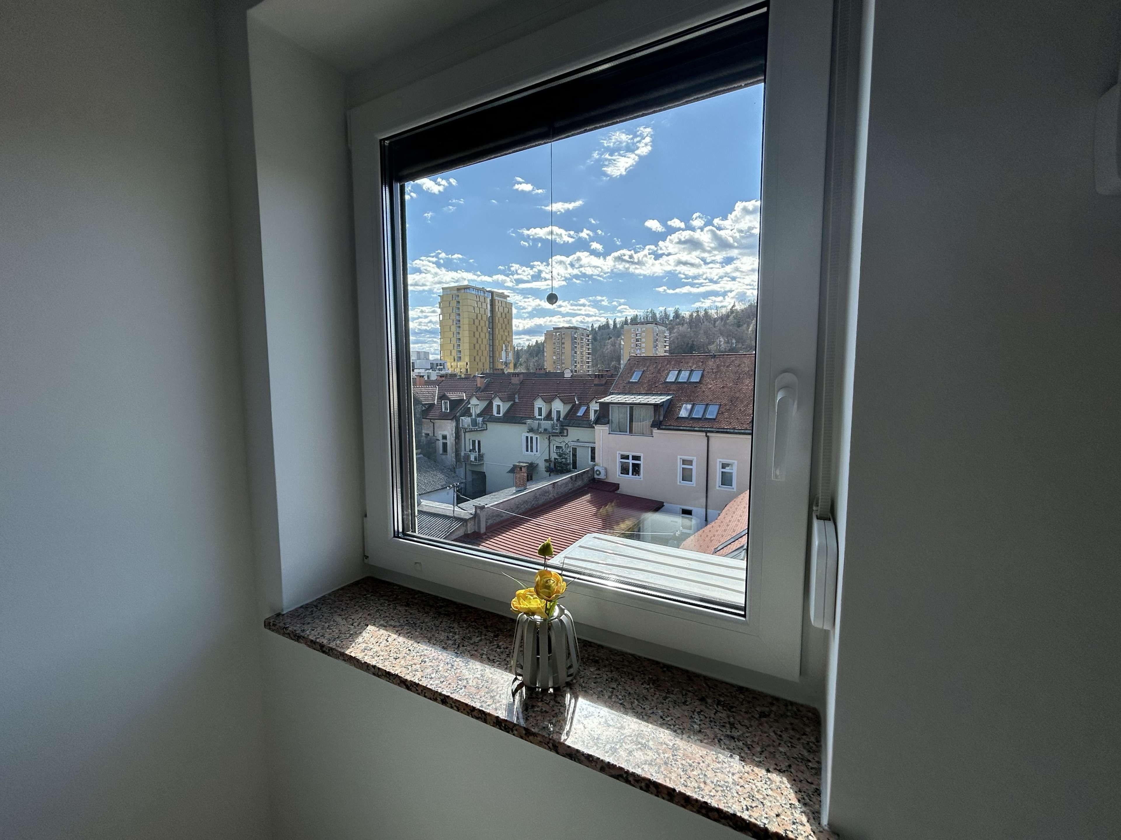 Janela com vista para a cidade, um pequeno vaso com flores e um objeto de metal no parapeito.