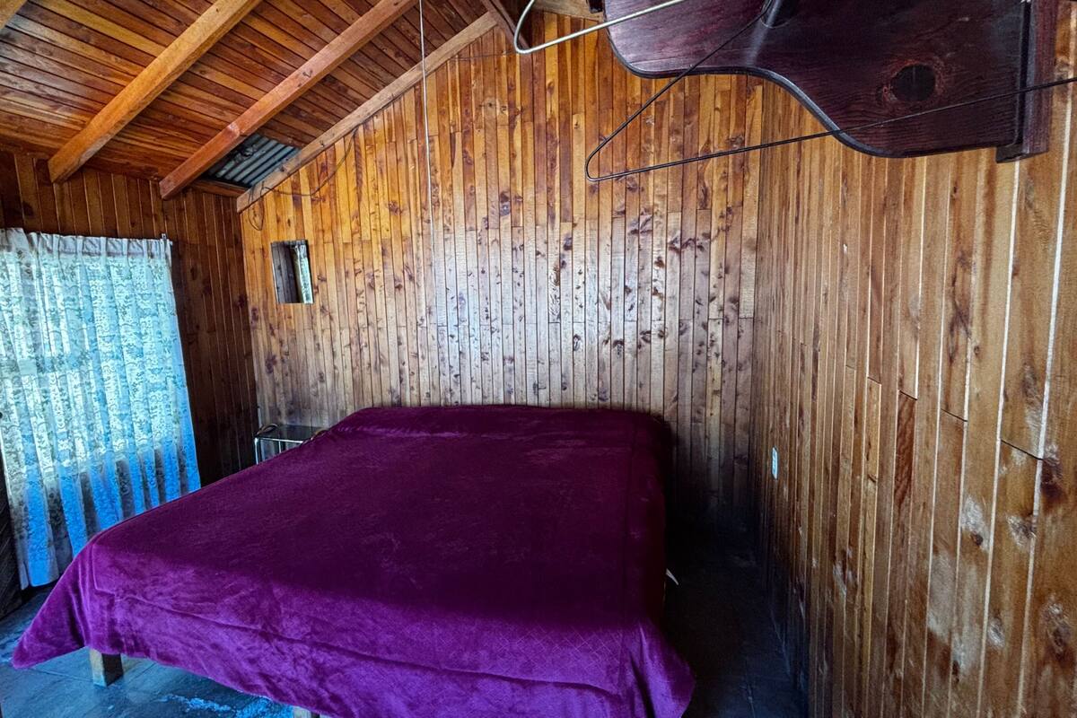 Quarto de cabana de madeira com cama, janela com cortinas e teto de madeira.