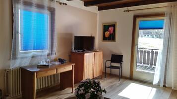 Um quarto com escrivaninha de madeira, televisão, cadeira, radiador, janela com persianas e porta com vista, além de um vaso de flores.