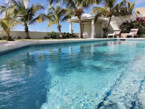 Uma piscina cristalina com espreguiçadeiras e palmeiras.