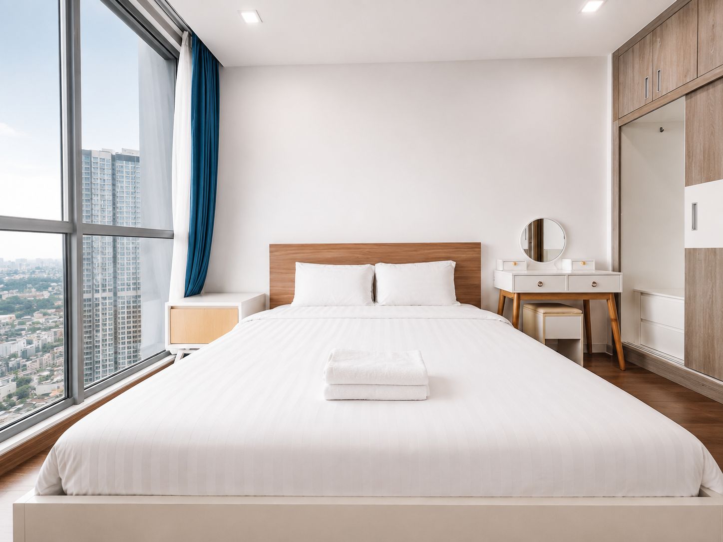 Quarto de hotel moderno com uma cama grande, mesa de cabeceira, espelho e vista da cidade através de uma janela ampla.