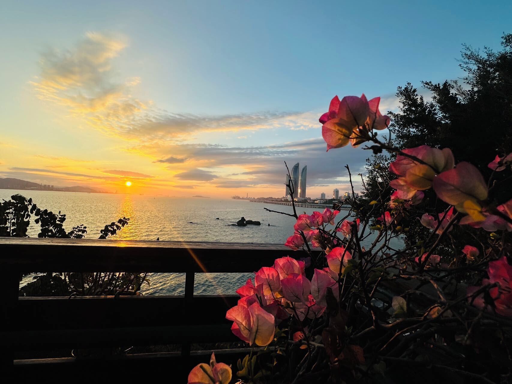 Vista do pôr do sol a partir de uma varanda, com flores cor-de-rosa em primeiro plano e paisagem urbana ao fundo.