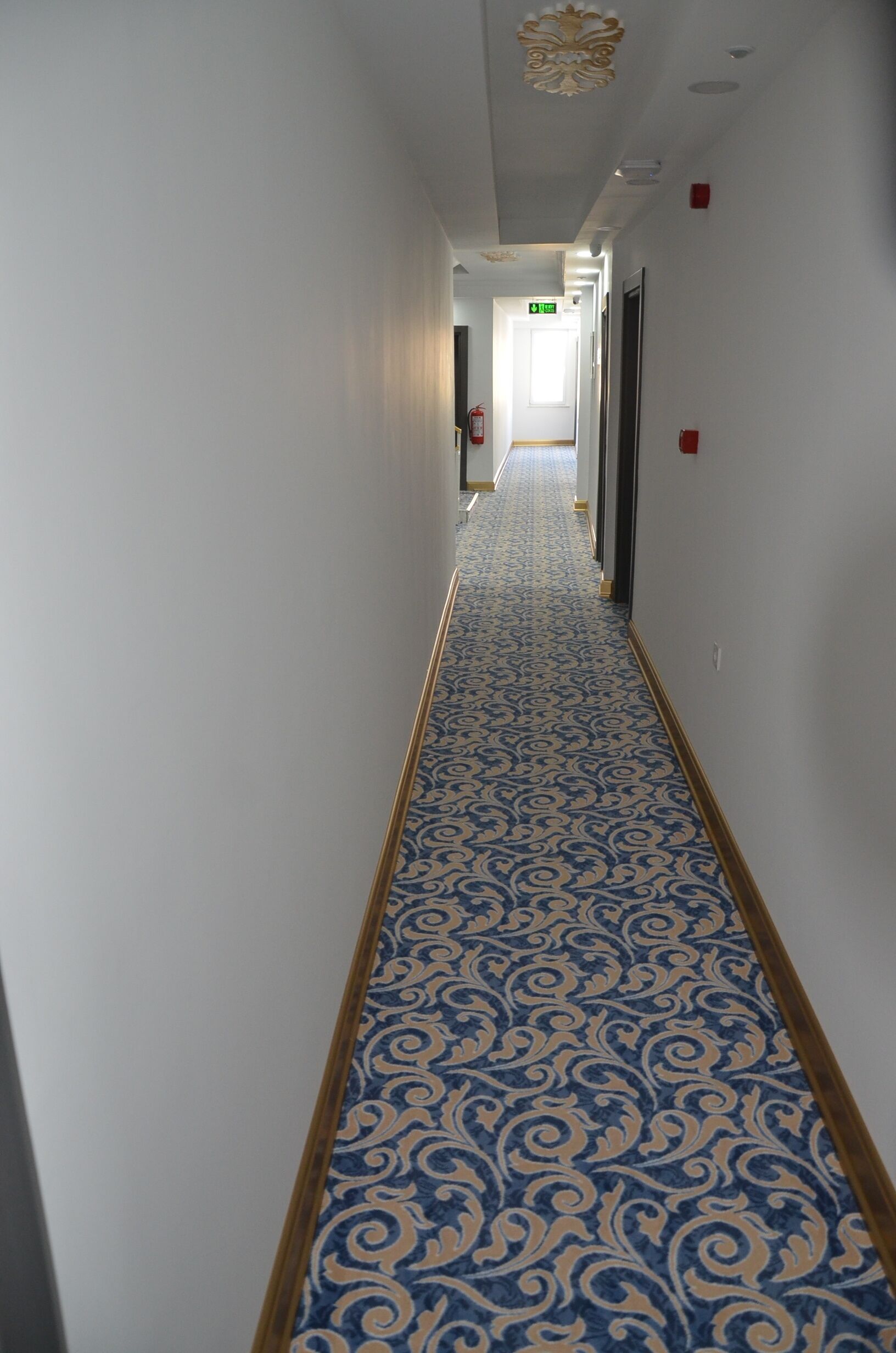 Um corredor com carpete estampado e paredes brancas.