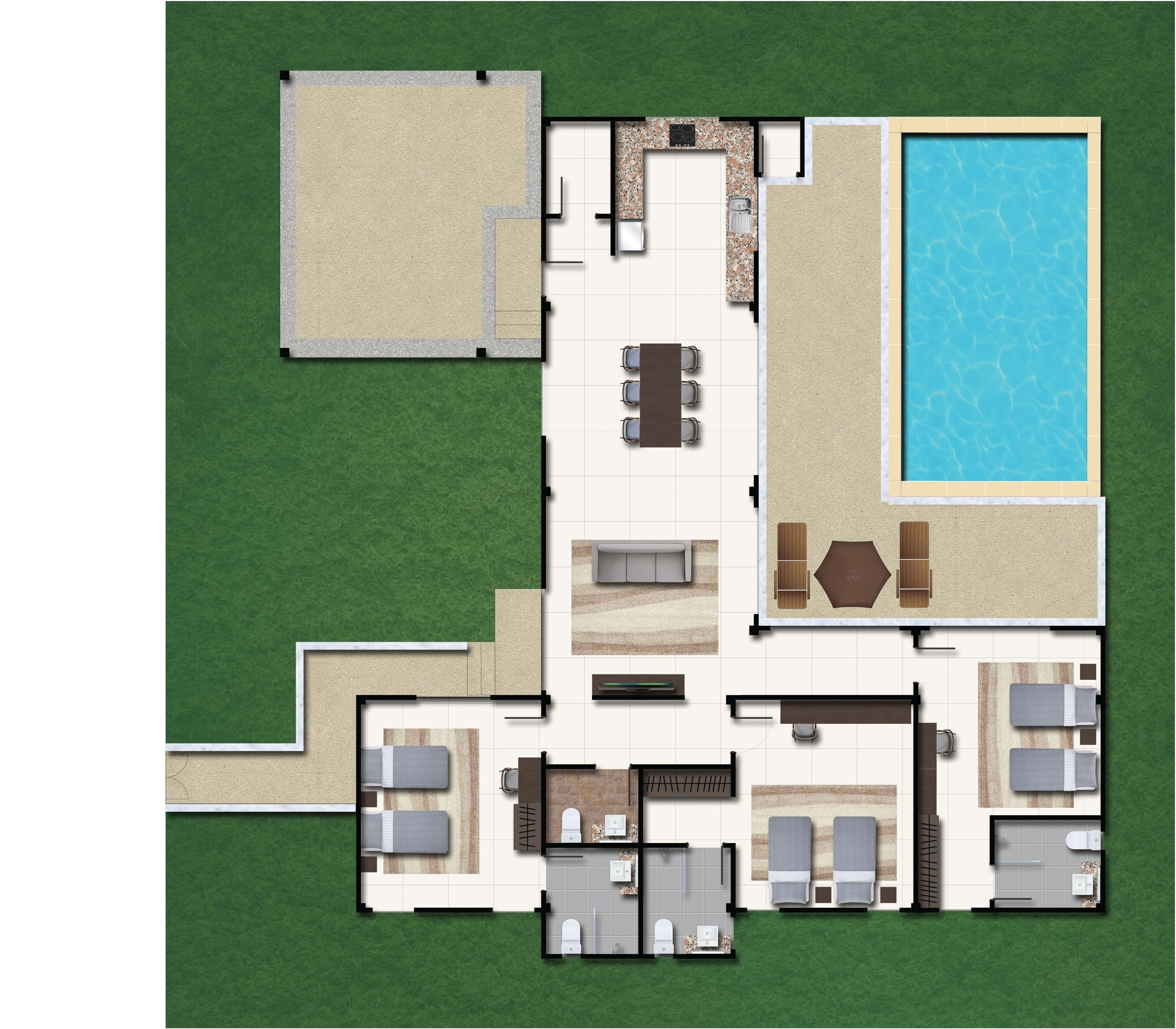 Planta de um hotel com piscina, vários quartos, sala de jantar e cozinha.