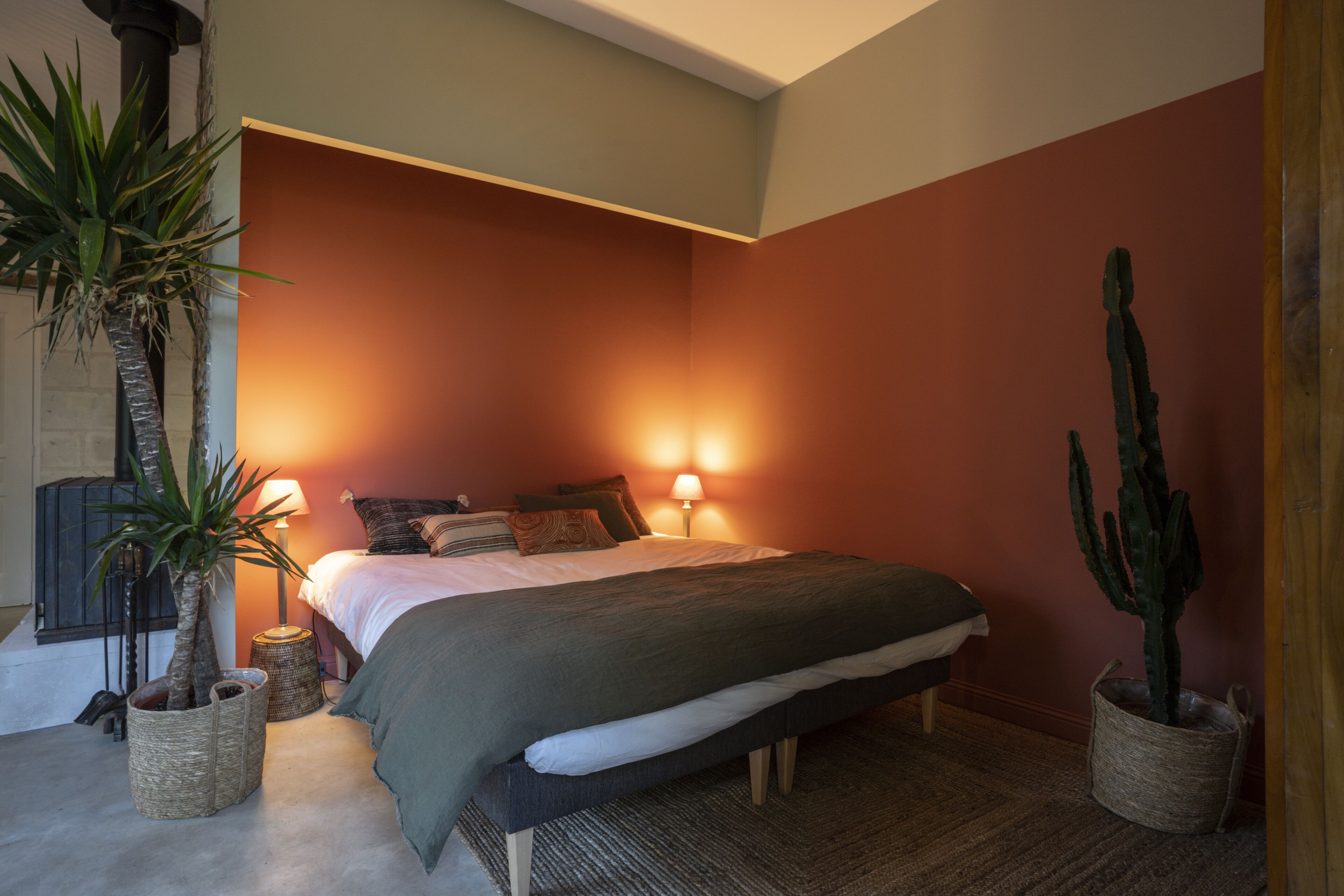 Quarto com cama, duas luminárias de cabeceira, uma planta em vaso grande e um pequeno cacto.