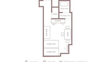 Layout de quarto com 36,5 m², composto por 2 camas de solteiro, 1 sofá-cama, cozinha, área de refeições, TV, mesa, geladeira, closet, banheiro e vaso sanitário.