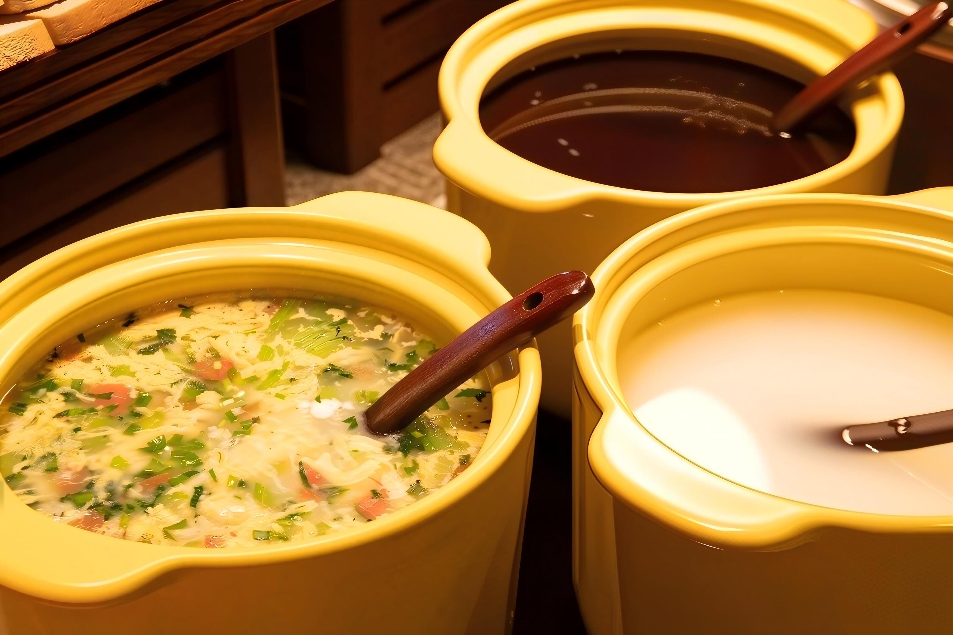 Três panelas de cerâmica amarela com alças de madeira, uma delas contendo uma sopa com ingredientes visíveis.