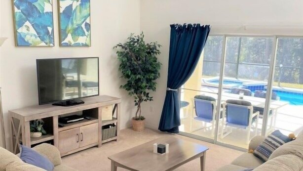 Sala de estar com televisão, sofá, mesa de centro e um vaso de planta.