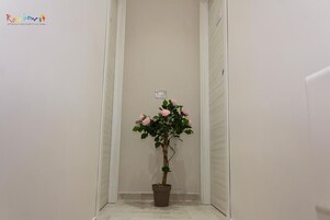 Corredor com uma planta em vaso e um interruptor na parede.