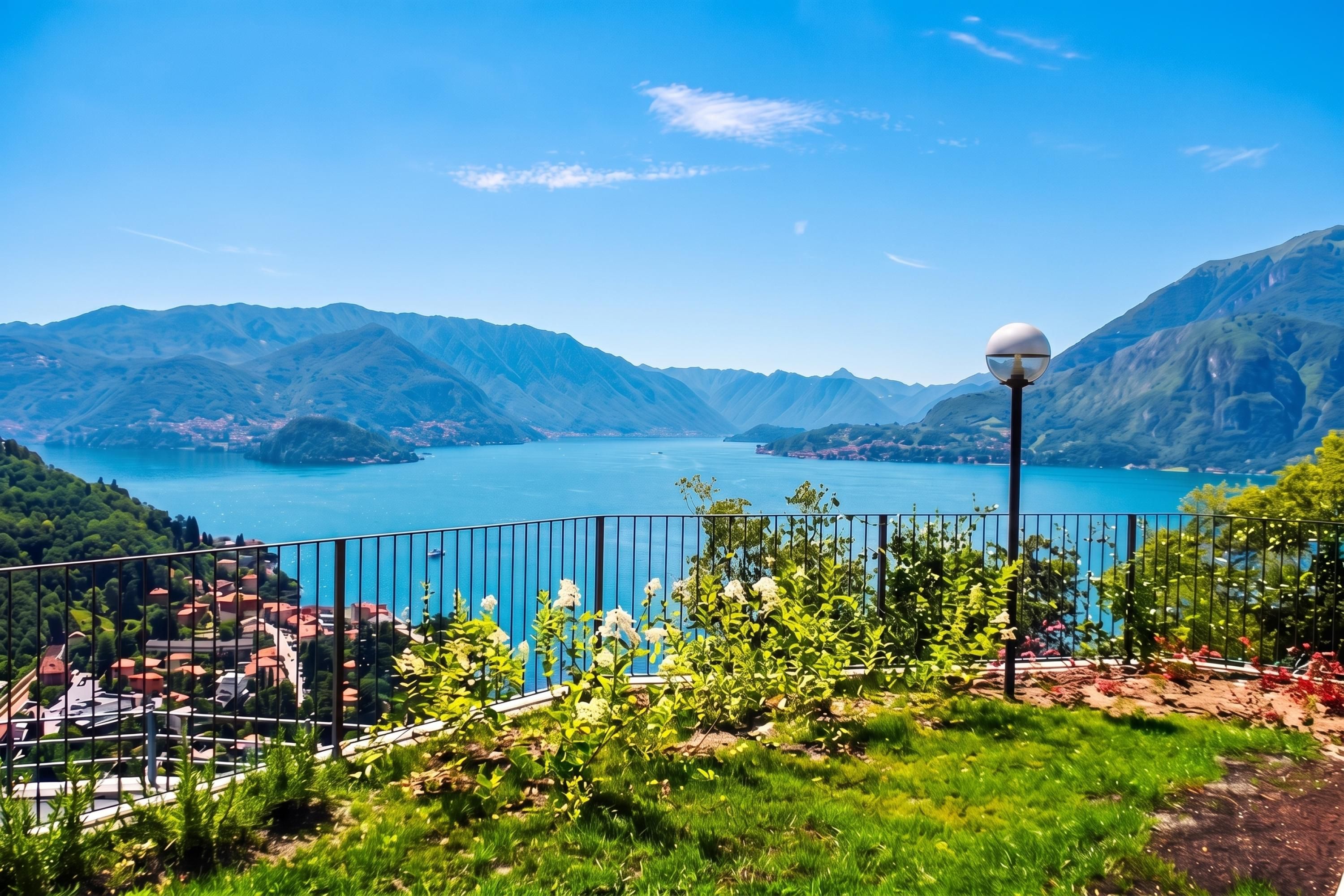 Vista panorâmica de um lago rodeado por montanhas, com céu claro e um poste de luz em primeiro plano.