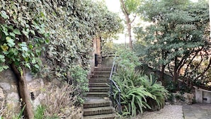 Uma escadaria de pedra que leva a um edifício, rodeada por vegetação e um caminho de cascalho.