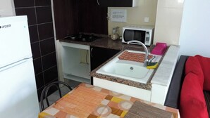 Cozinha compacta com geladeira, fogão, micro-ondas, pia e uma pequena mesa com tapete.