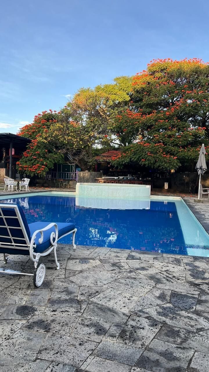 Uma piscina com uma espreguiçadeira, uma árvore com flores vermelhas e um pátio de pedra.