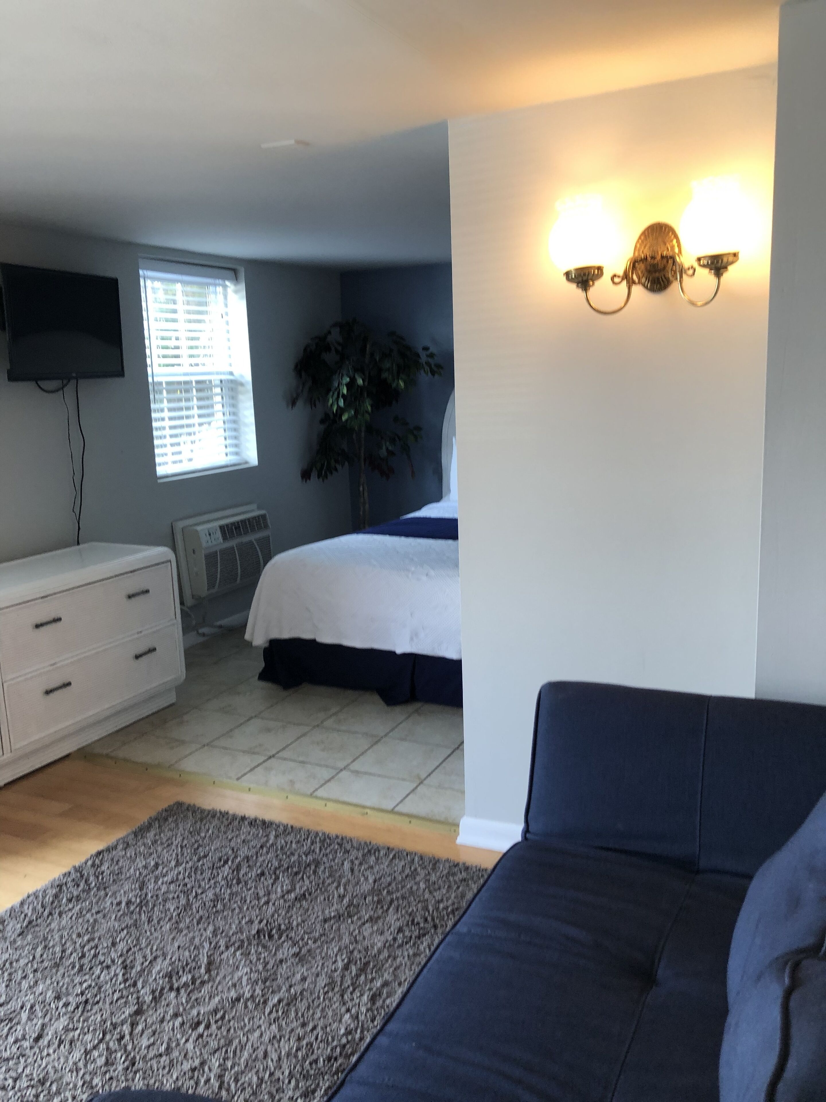 Quarto com cama, penteadeira, televisão, janela com persianas, planta e luminária na parede.