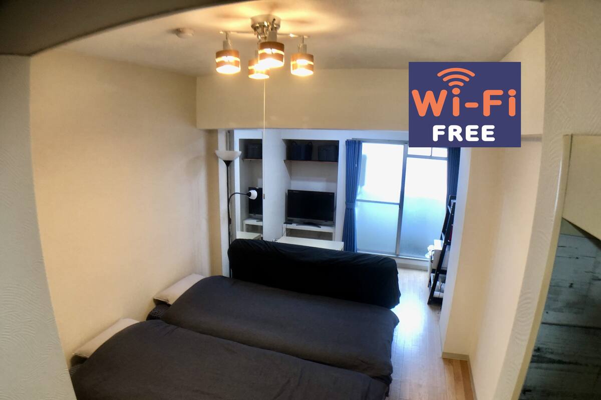 Quarto com duas camas, televisão e luminária no teto.