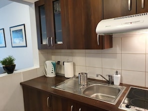 Apartamento | Cozinha privada | Um frigorífico, uma placa de cozinha, uma chaleira elétrica 