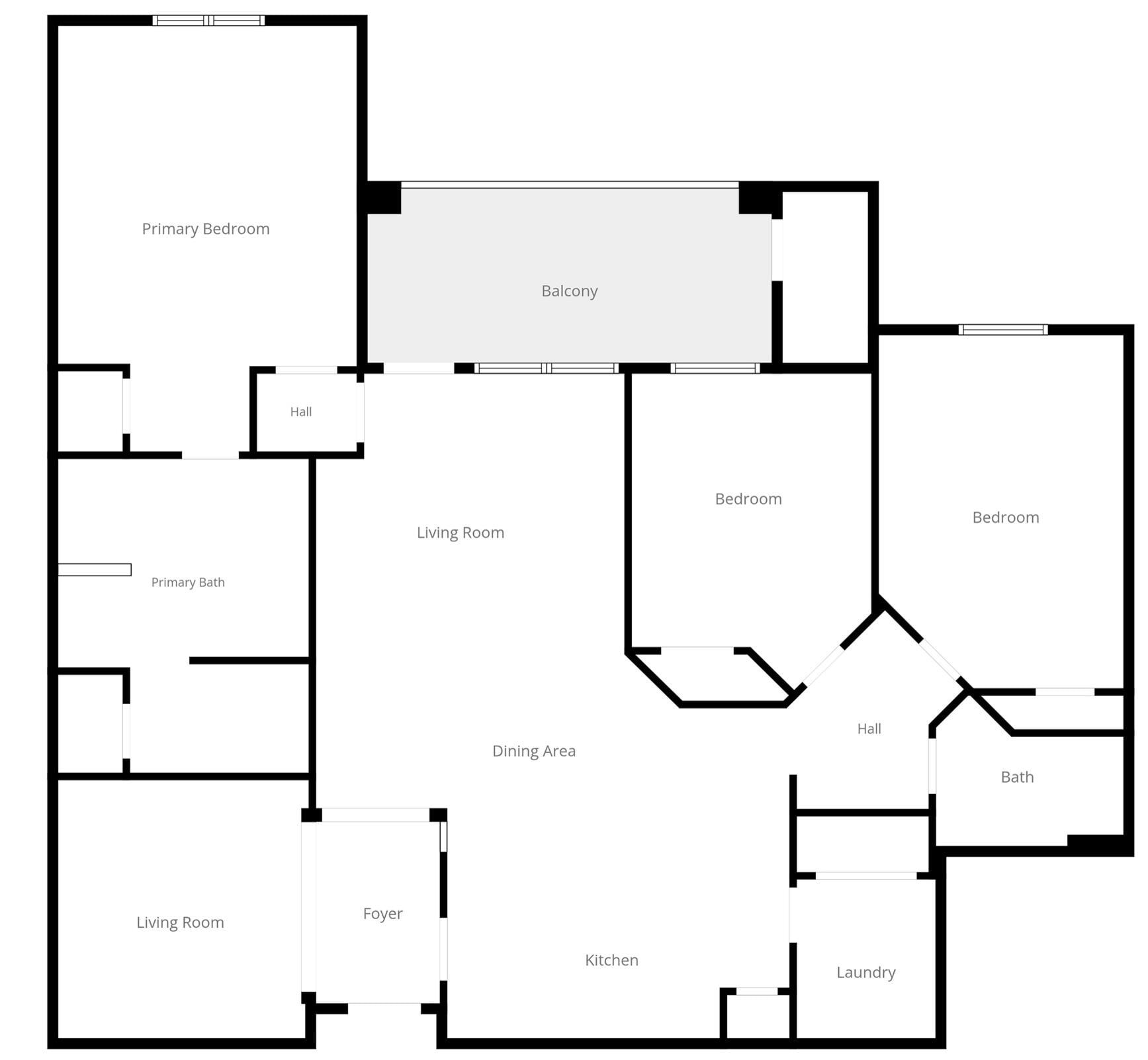 Planta baixa mostrando um quarto principal, varanda, sala de estar, sala de jantar, cozinha, hall de entrada, banheiro e banheiro privativo.