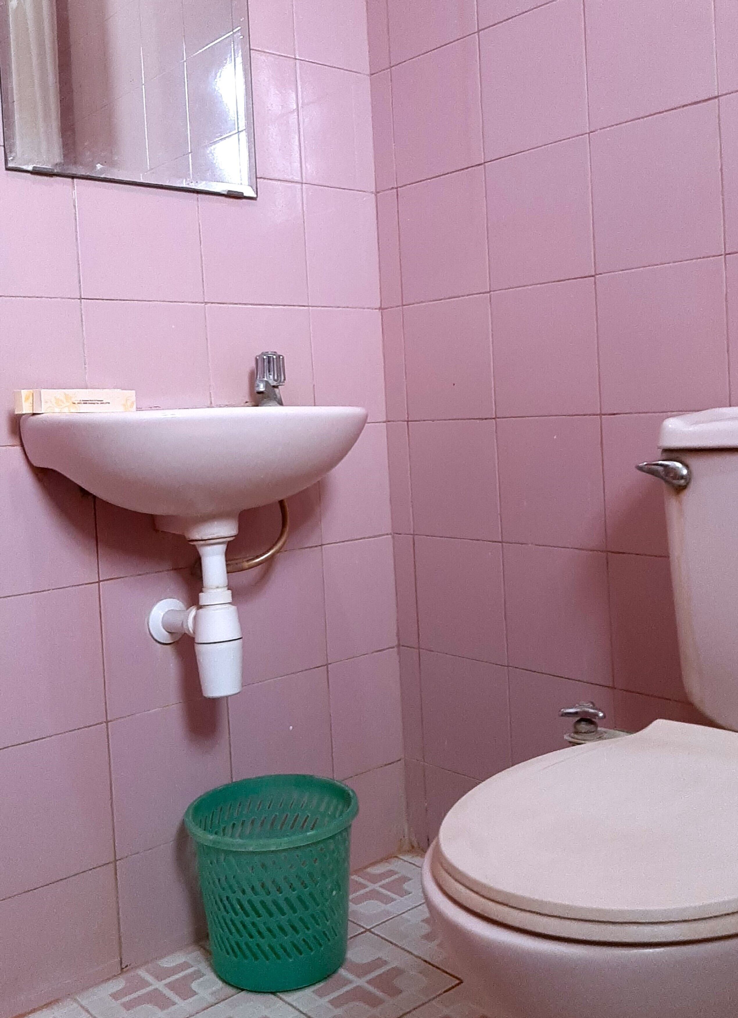 Casa de banho com azulejos cor-de-rosa, uma pia branca com espelho em cima e um caixote de lixo verde.
