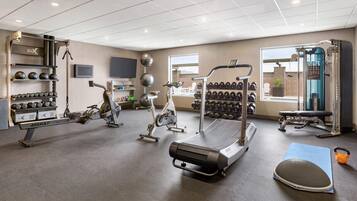 Uma academia com equipamentos de cardio, estações de musculação e halteres.