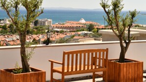Um banco de madeira com duas árvores em vasos num terraço com vista para uma paisagem costeira.