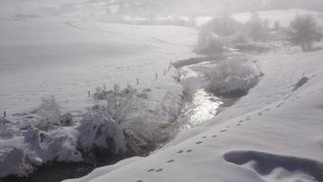 Paisagem coberta de neve com um riacho congelado, árvores sem folhas e casas ao longe.