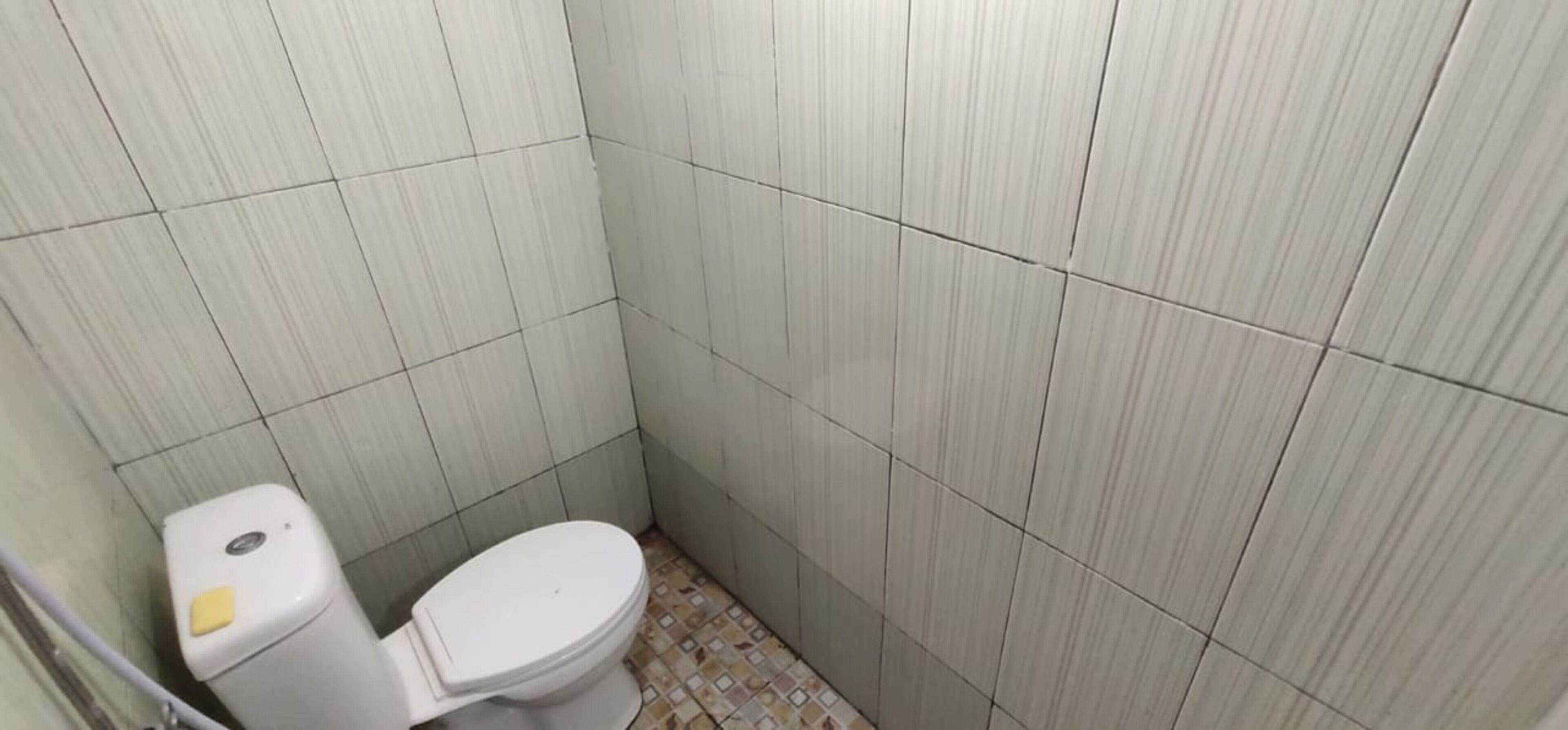 Casa de banho pequena e revestida a azulejos, com sanita e zona de duche.