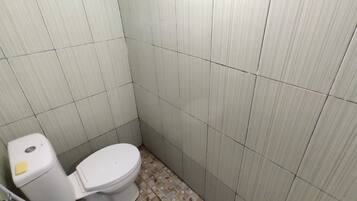 Casa de banho pequena e revestida a azulejos, com sanita e zona de duche.