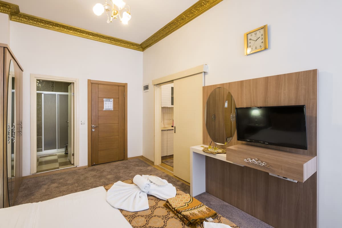 Quarto de hotel com cama, televisão fixada na parede, chuveiro e porta que dá para outro espaço.