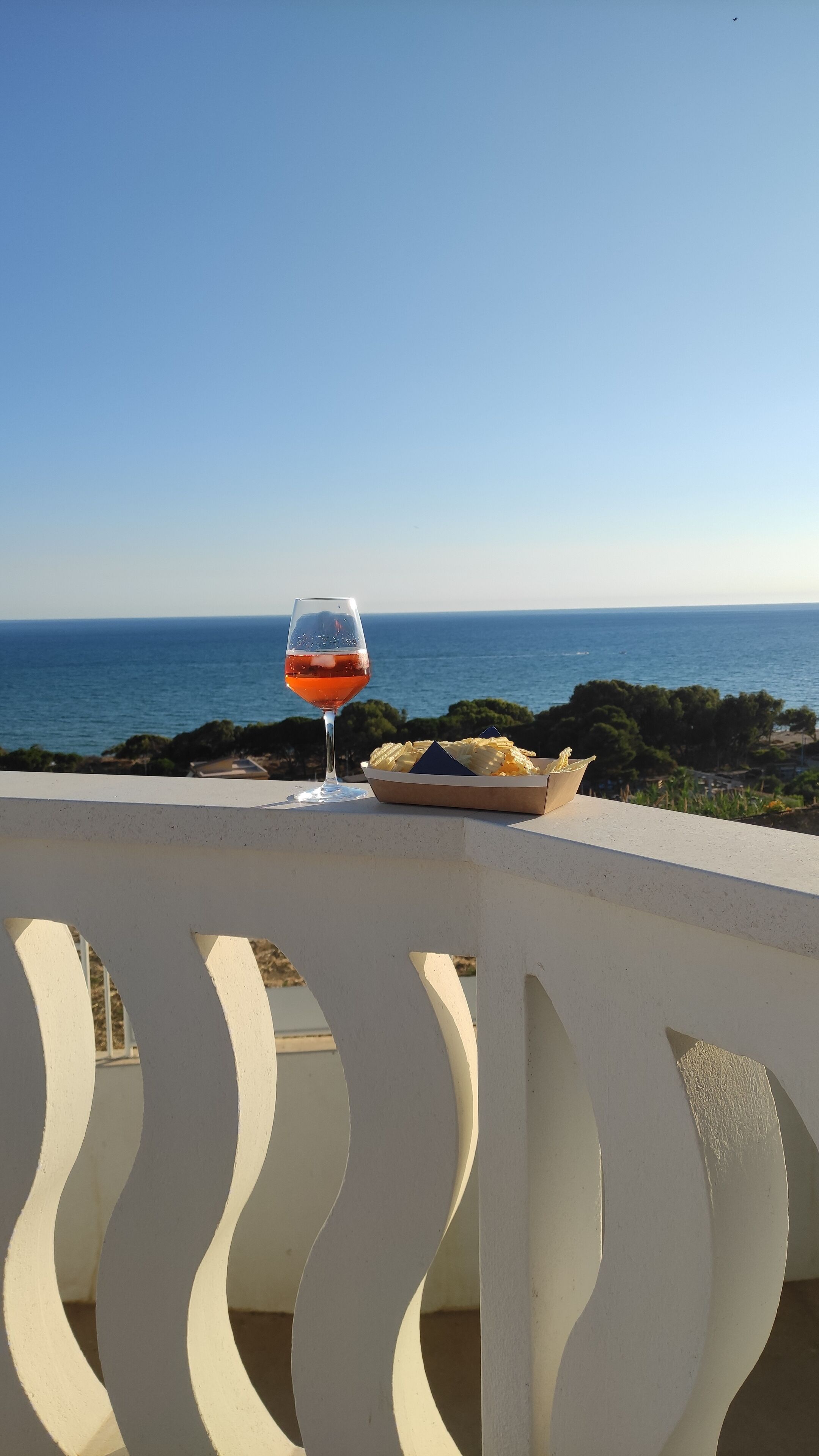 Varanda com um copo de vinho tinto e uma tigela de petiscos, com vista para o mar.