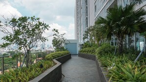 Um caminho ladeado por vegetação e um edifício moderno com fachada de vidro.