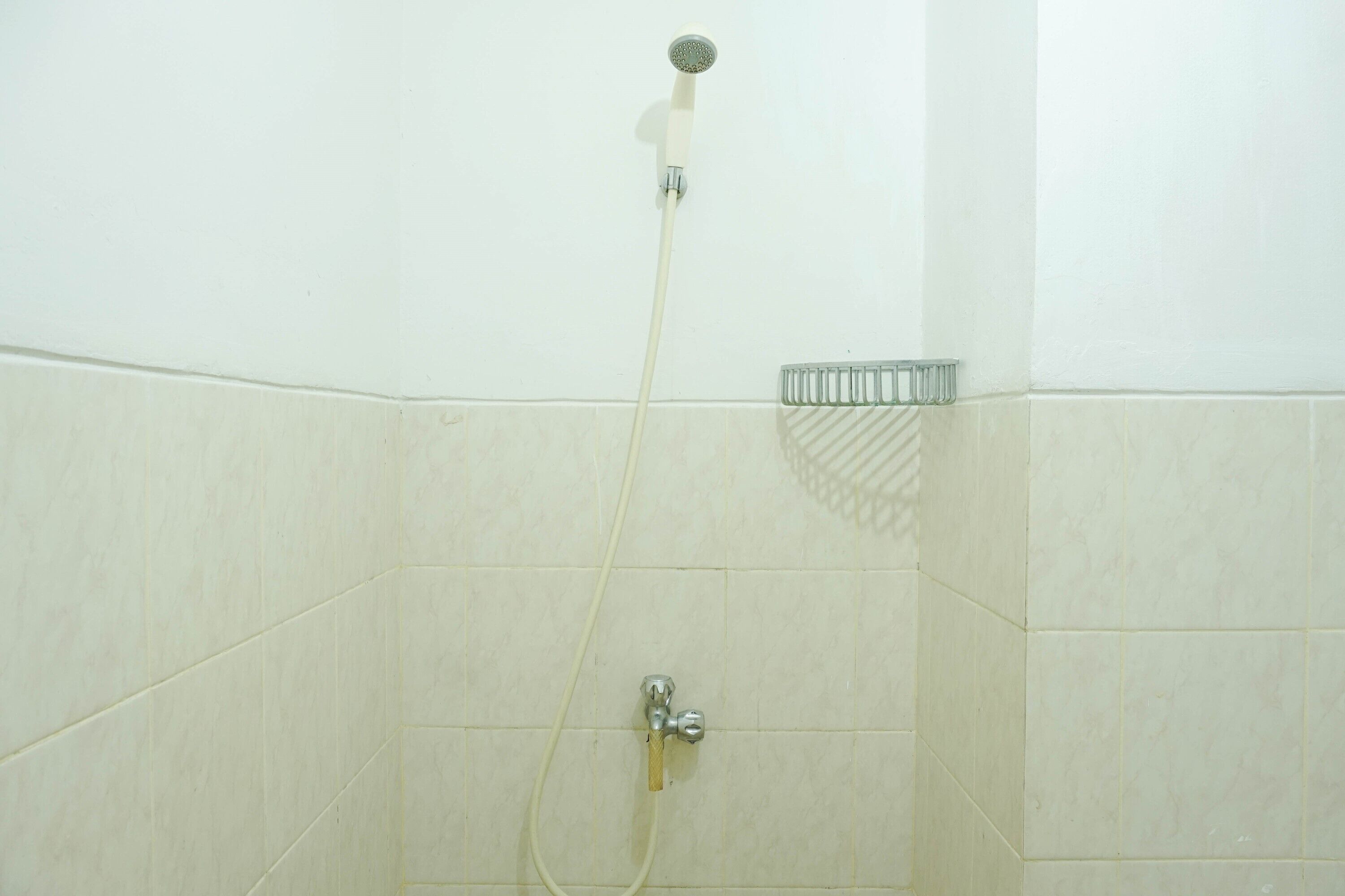 Um chuveiro com um chuveiro manual e uma torneira fixada na parede.