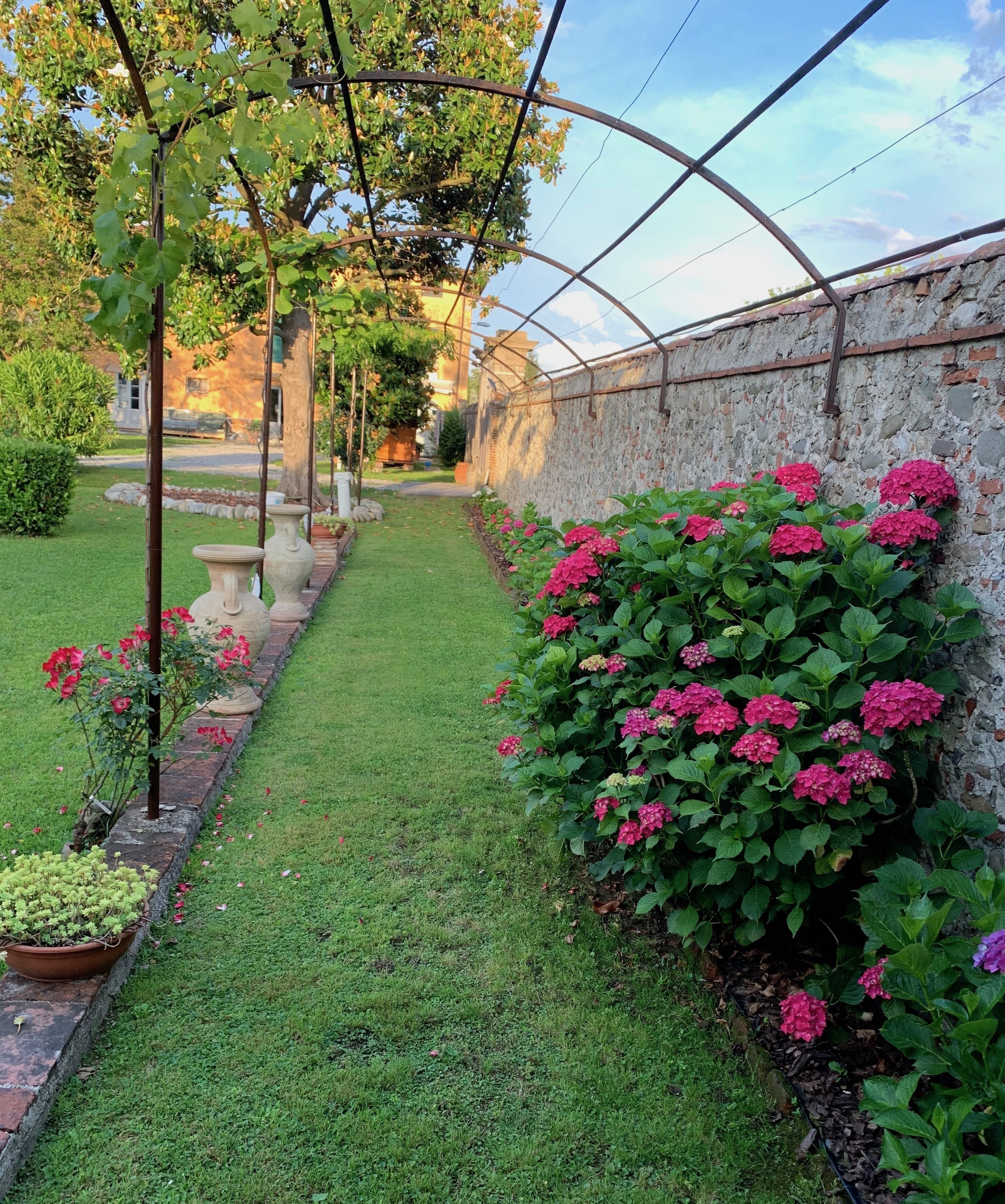 Um jardim com muro de pedra, caminho gramado e plantas floridas.