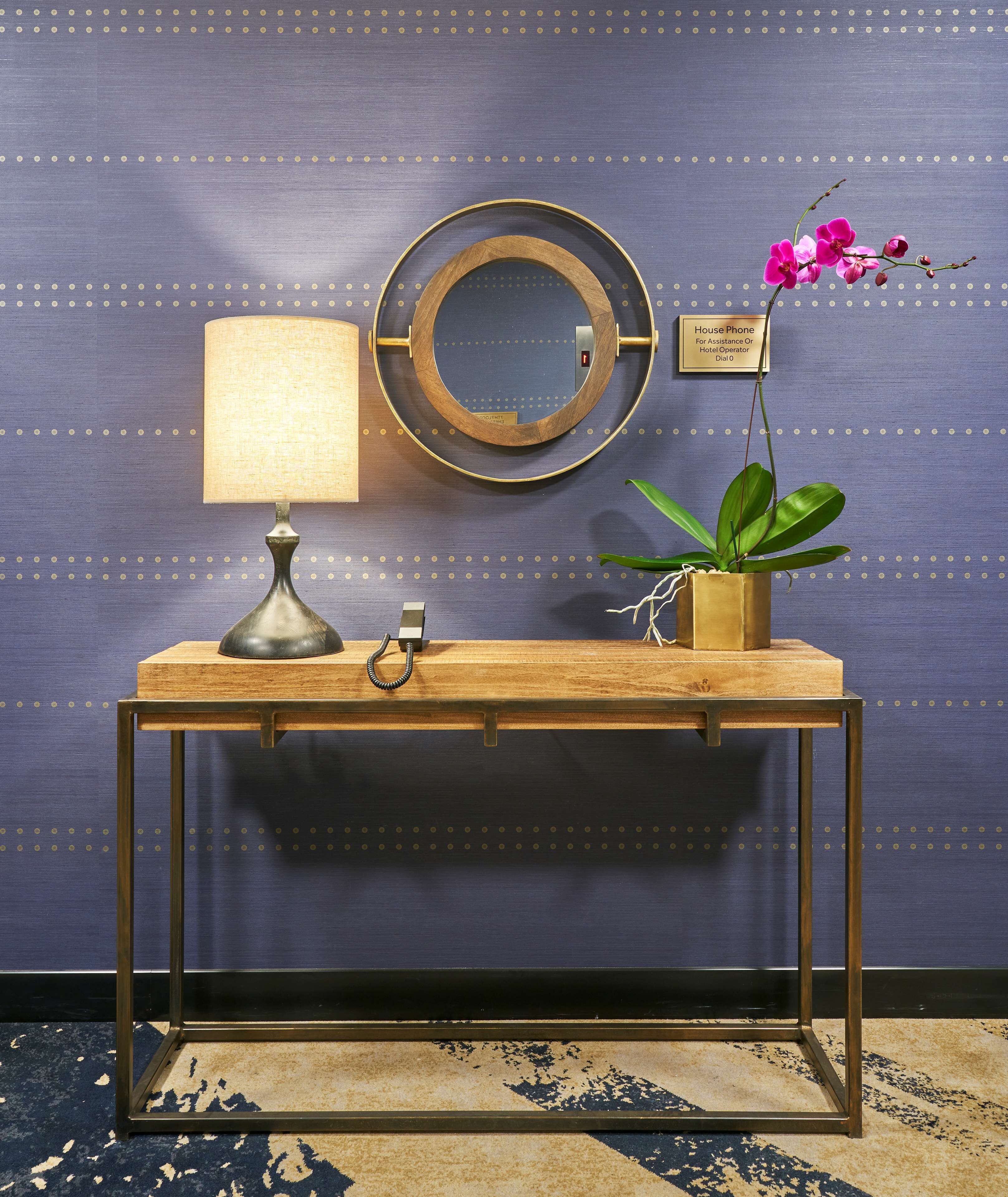 Um console de madeira com uma luminária, um espelho e um vaso de planta, em frente a uma parede azul com padrão de pontos.